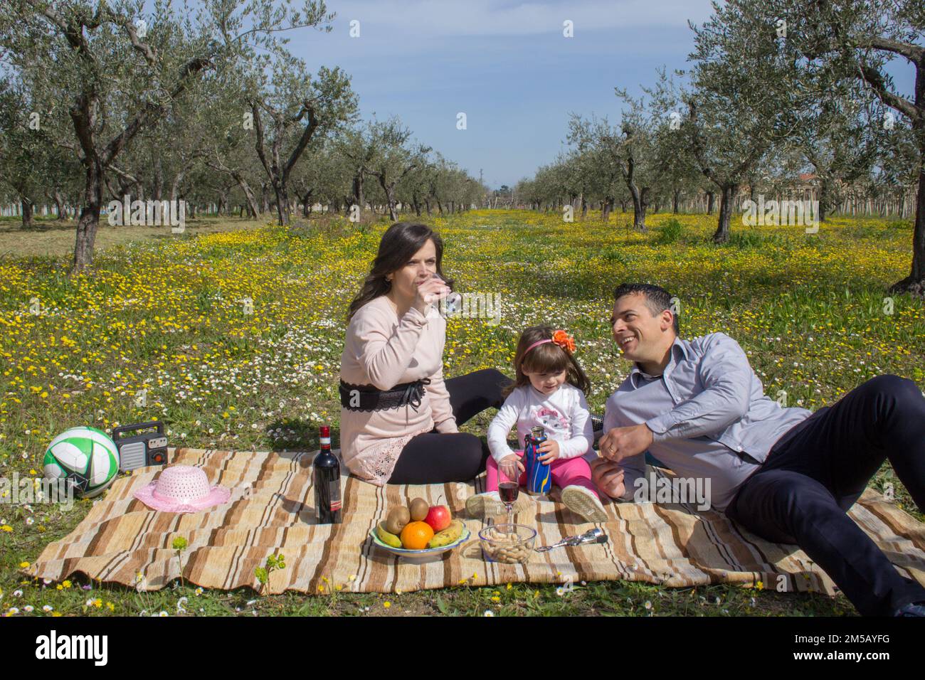 Image of a smiling family sitting in a flowery field having a picnic ...
