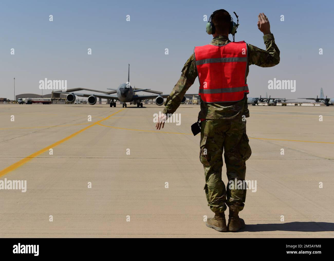 A U.S. Air Force Airman assigned to the 379th Expeditionary Aircraft ...