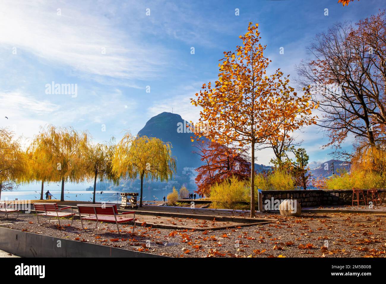 Idyllic winter autumn view on Ciani park in Lugano and mount San ...