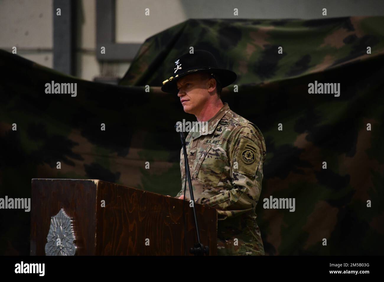 Col. Joseph M. Ewers, commander of 2nd Cavalry Regiment, gives a speech ...