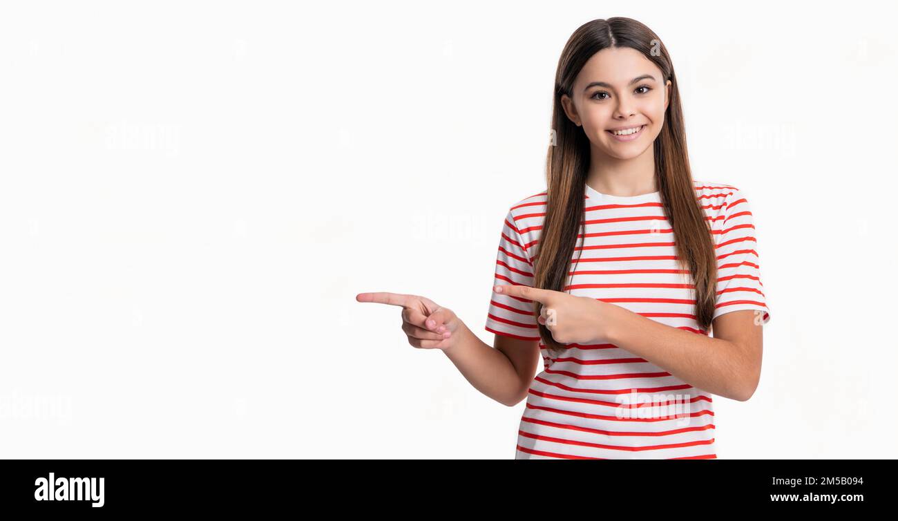 teen style of pretty girl pointing on copy space. teen girl style ...