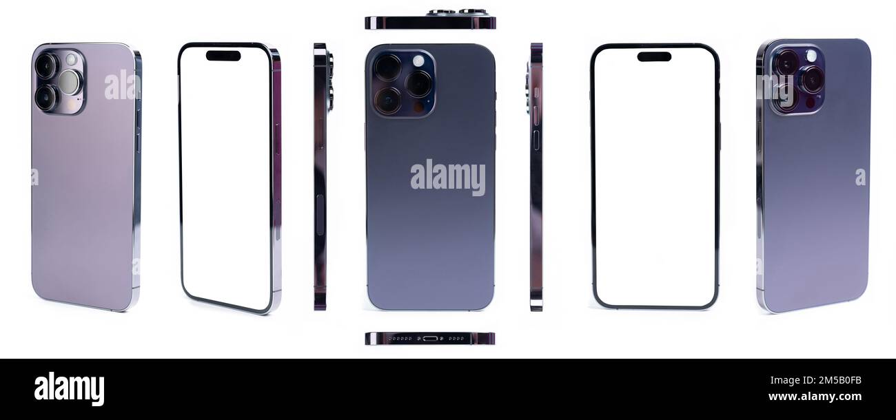 Trendy purple smartphone with blank screen different views isolated on ...