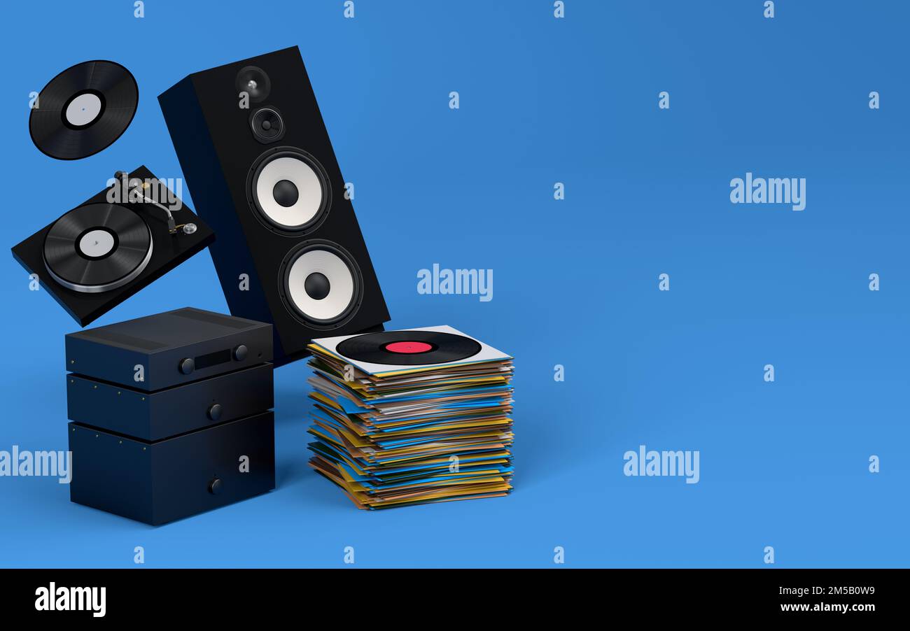 Set of Hi-fi speakers with loudspeakers and DJ turntable with vinyl LP ...