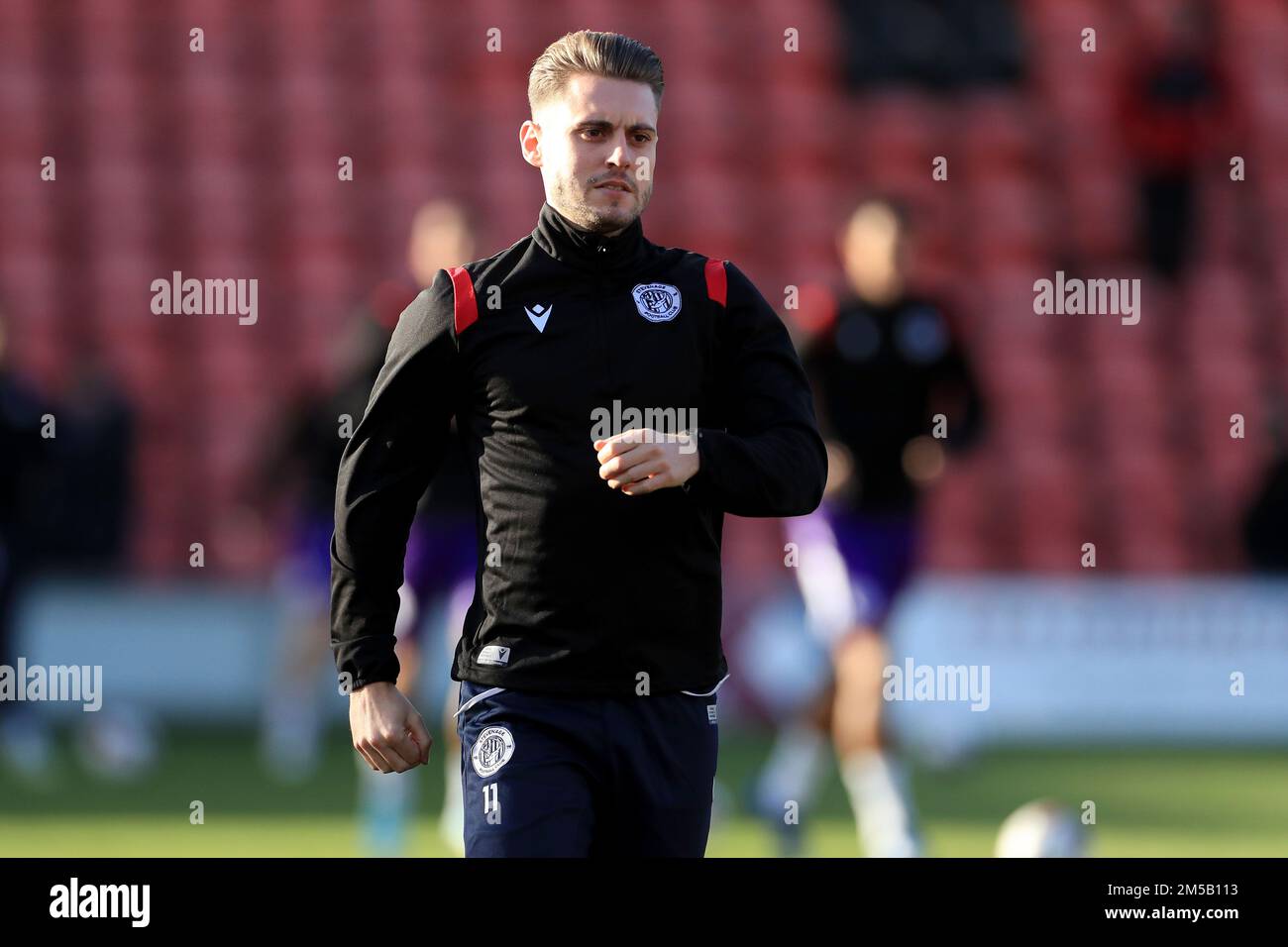 London, UK. 27th Dec, 2022. Jordan Roberts of Stevenage warms up prior ...
