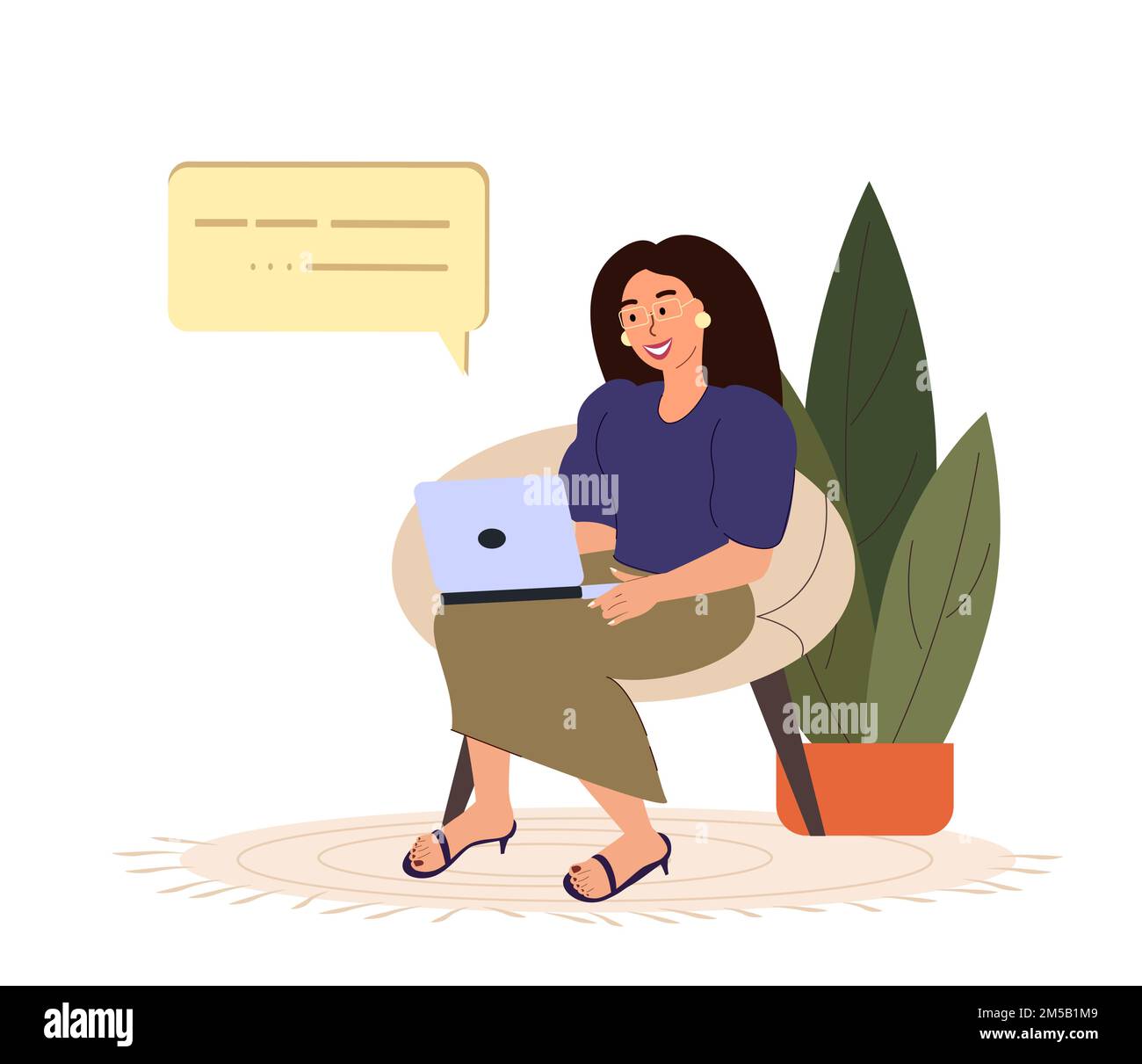 Confident Smiling Female Character communicating in the laptop.Woman ...