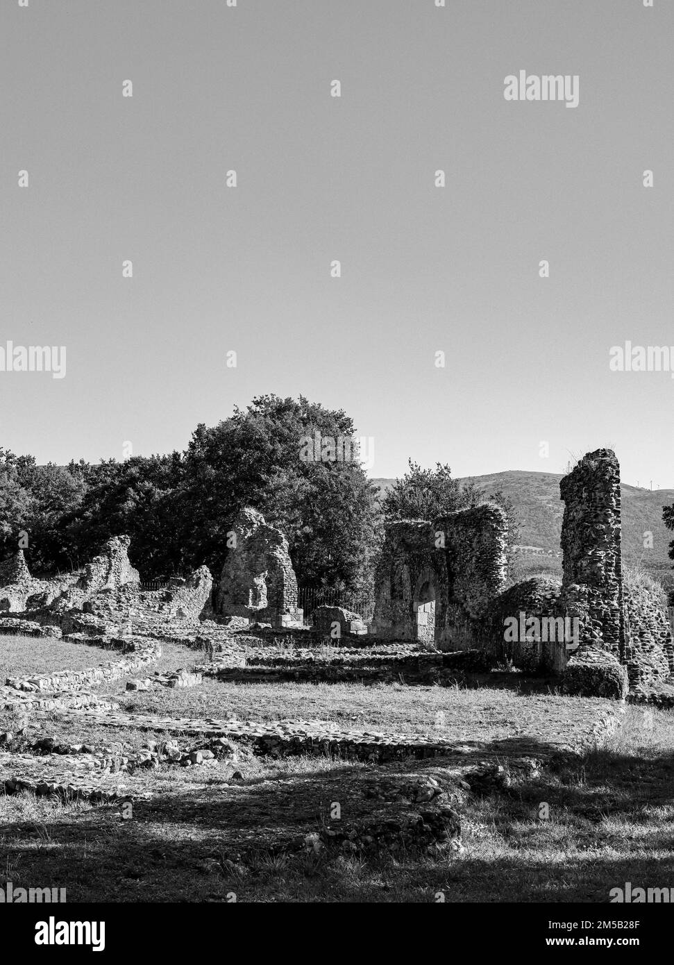 A grayscale of the Roman ruins in a picturesque landscape with lush ...