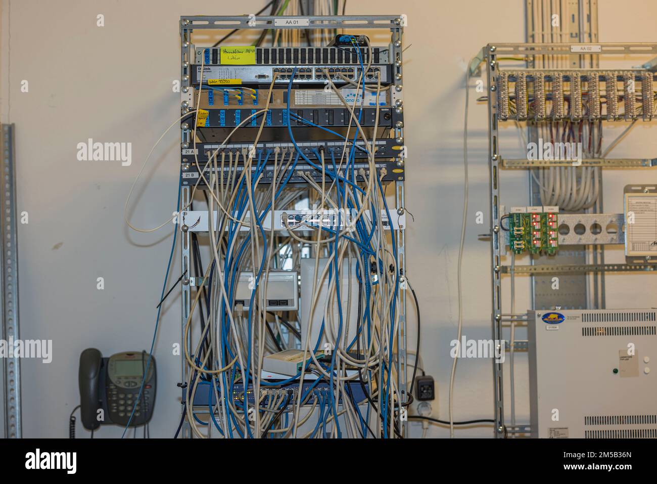 Interior view of technical computer room with all cable connections ...
