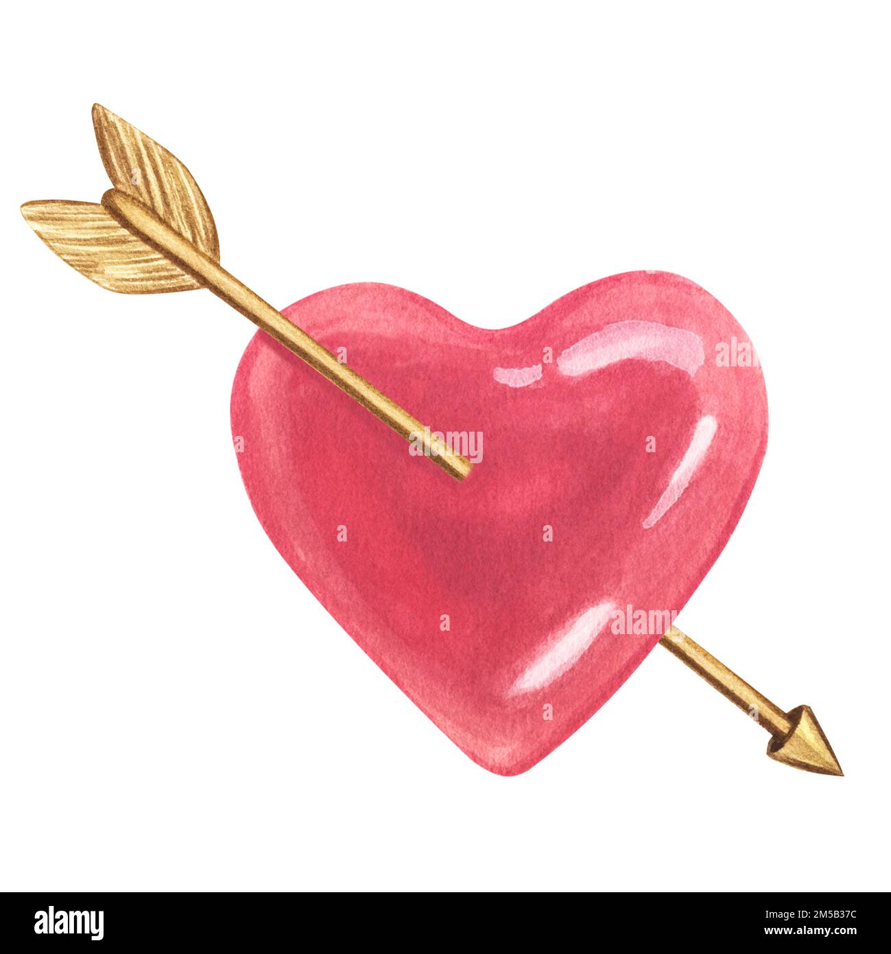 Cupid's golden arrow pierced the pink heart. Hand-drawn watercolor ...