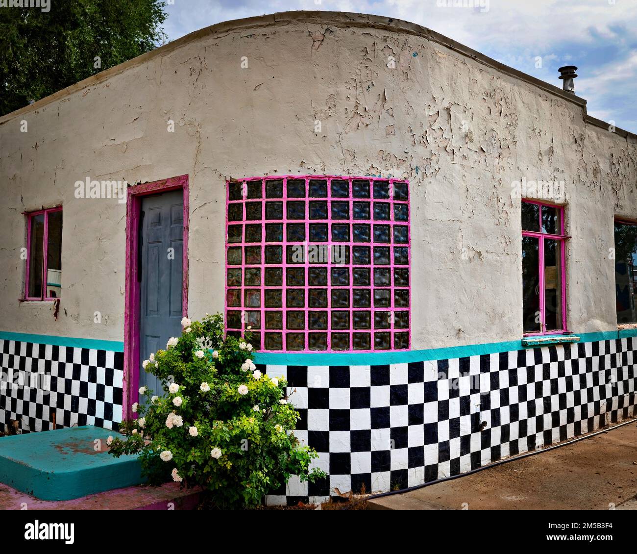 The retro looking corner of an old building on historic Route 66 in ...