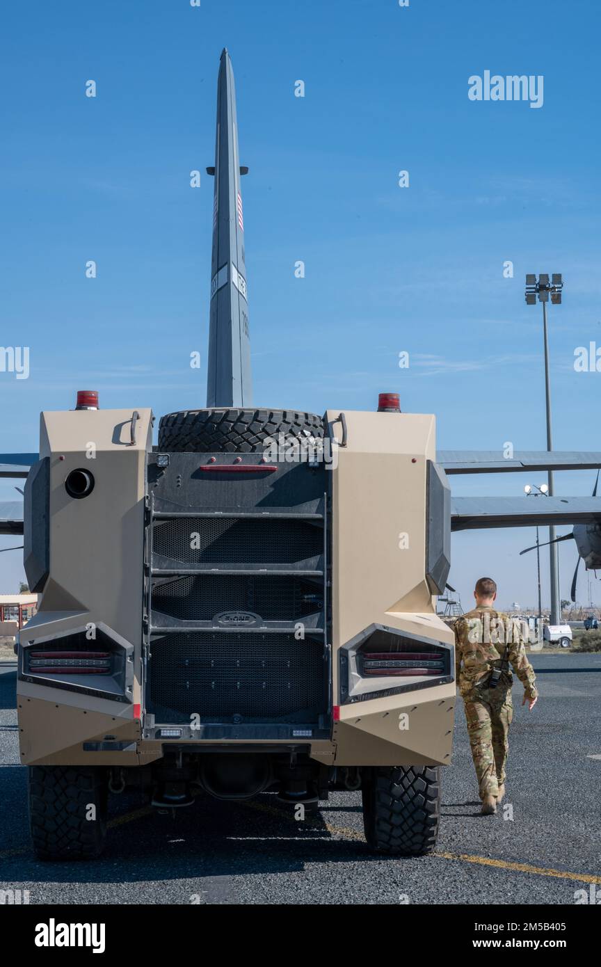A U.S. Airman from the 386th Expeditionary Fire Emergency Services ...