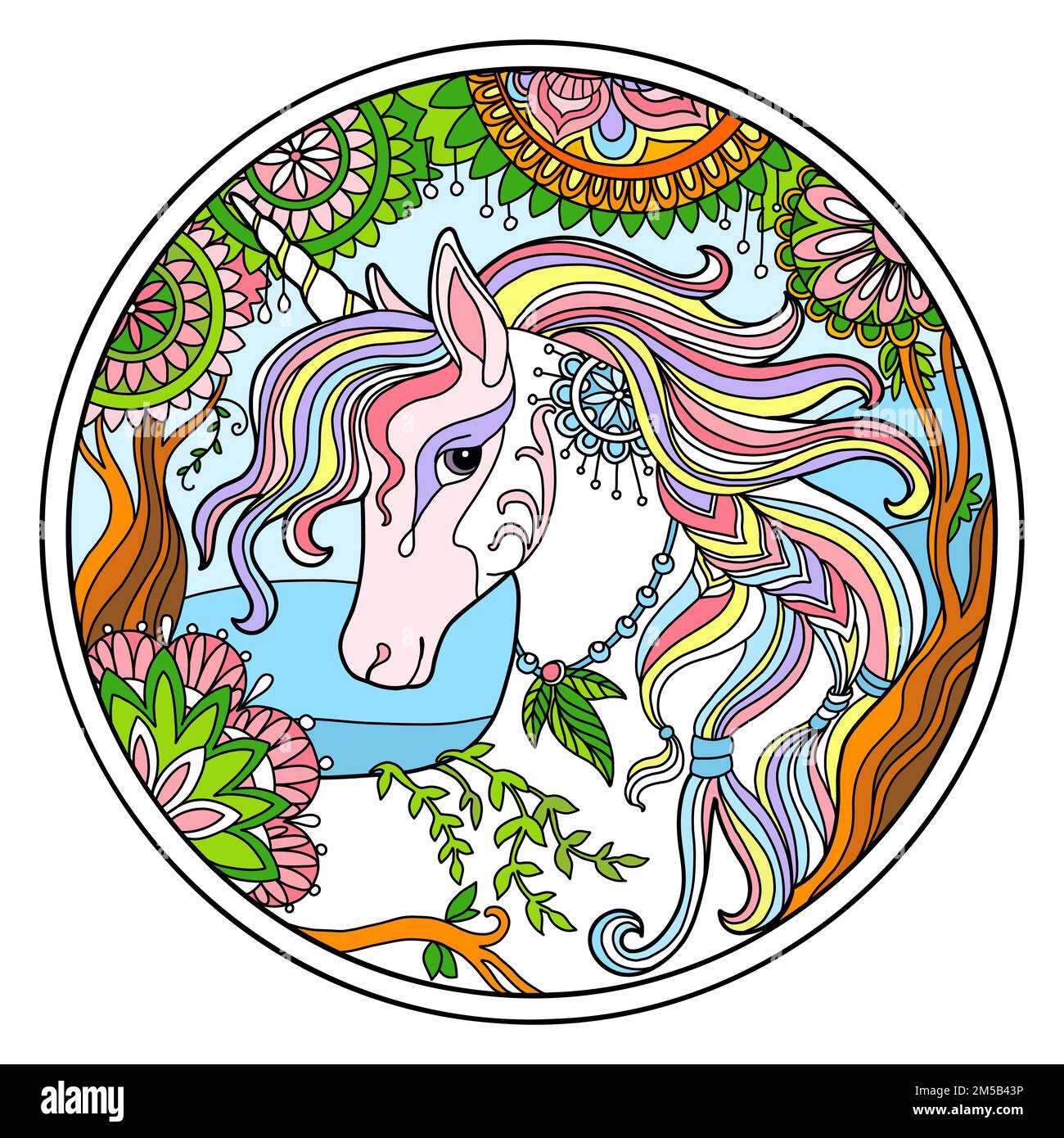 Head of unicorn in flower frame round shape. Hand drawing magic horse ...