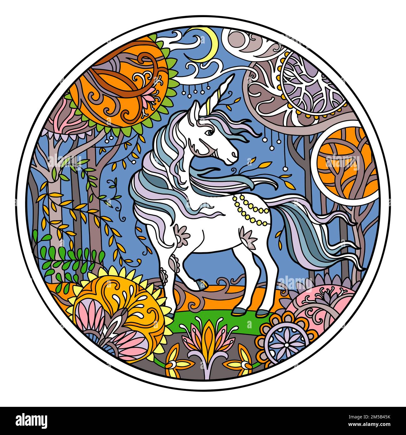 White unicorn in flower frame round shape. Color picture with fantasy ...