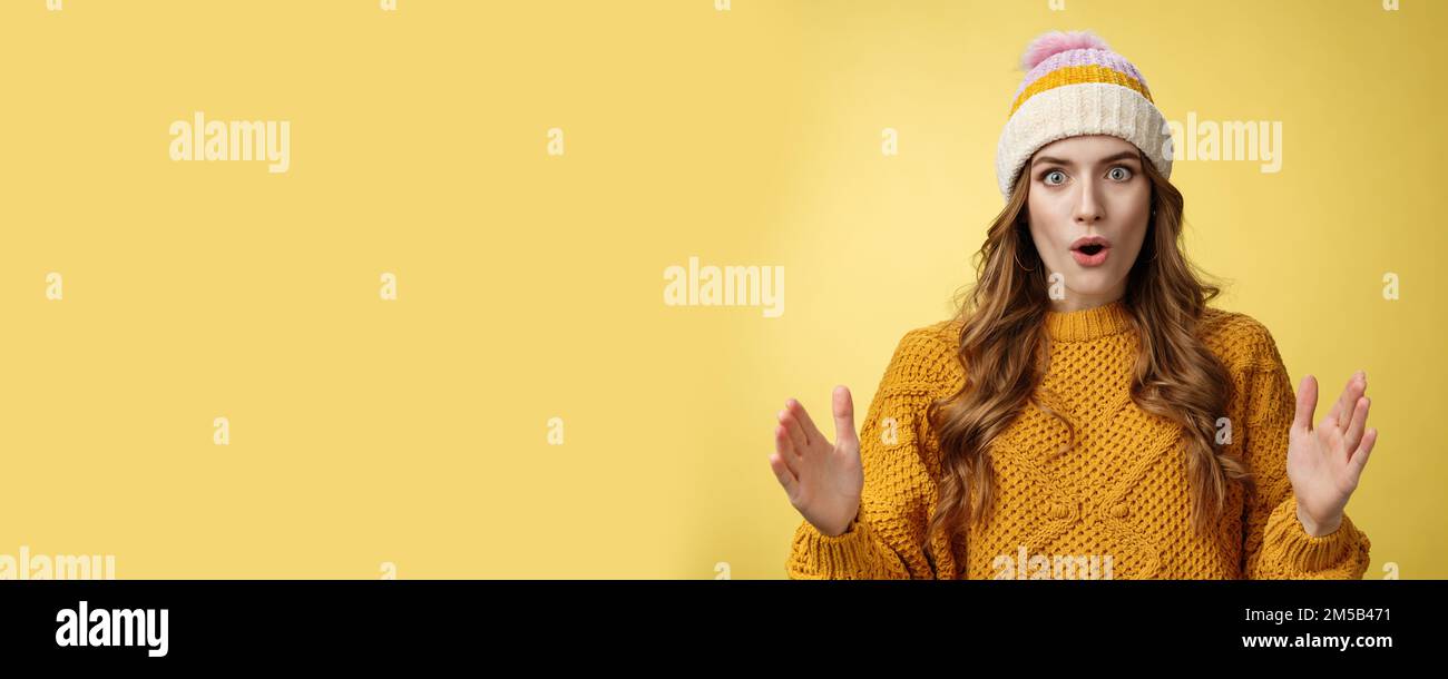 Impressed good-looking caucasian woman describing shaping large very ...