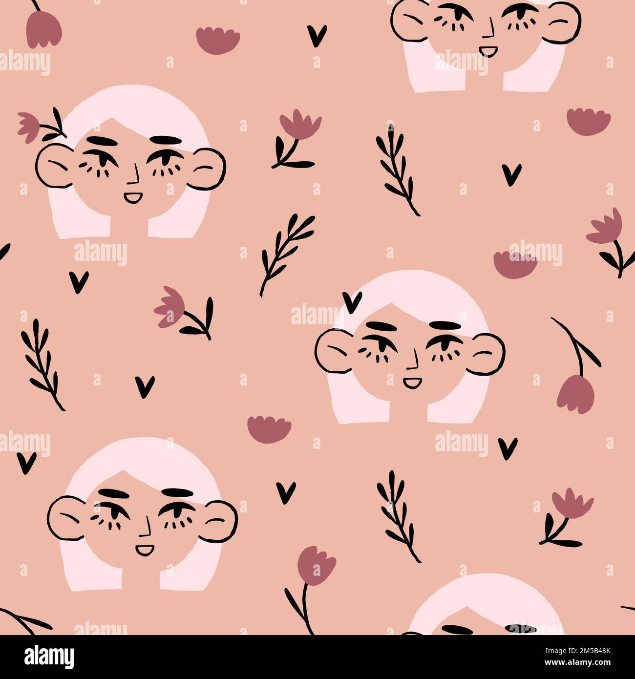 Vector seamless pattern with blond hair girl portraits. Red hair women ...