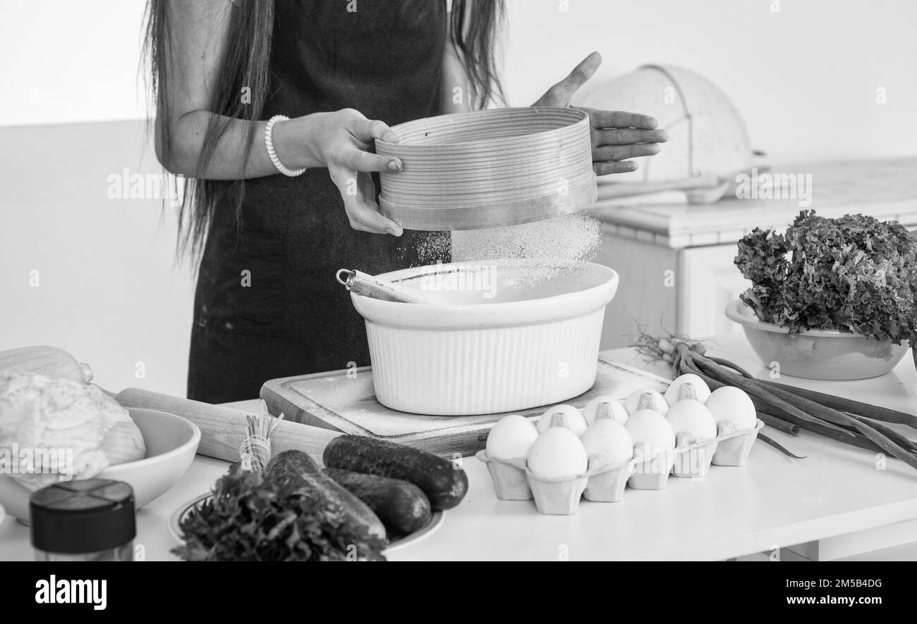 Tasty snacks. professional menu. teen girl chef wearing uniform. child ...