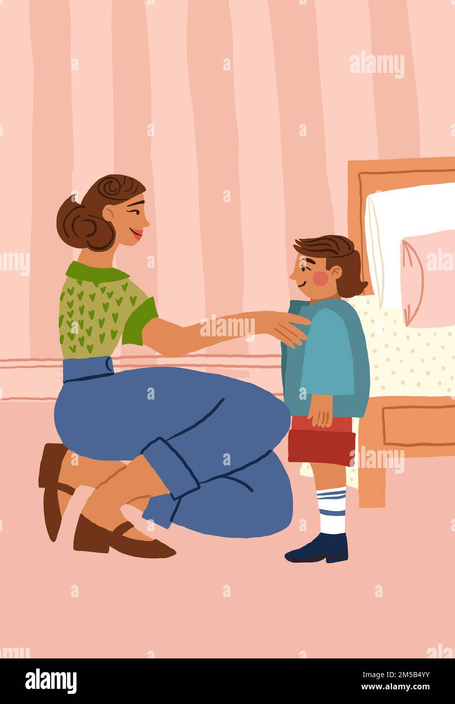 Mother helping son to get dressed. Mother and son illustration on light background. . Vector ...