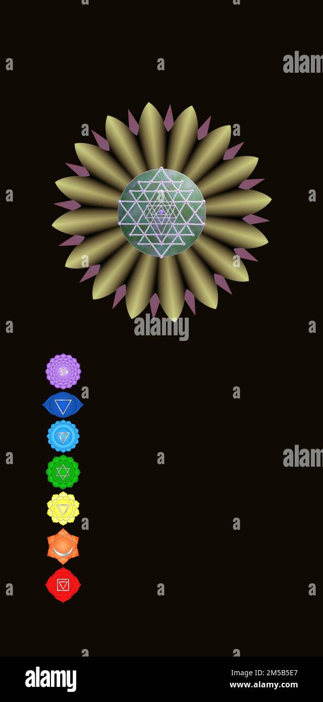 Chakra symbols and sacred geometry symbols isolated on color background with copy space for ...