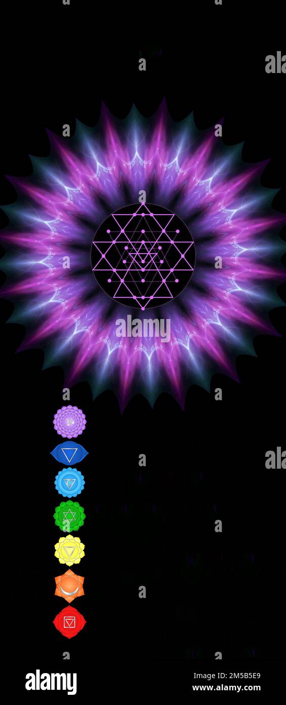 Chakra symbols and sacred geometry symbols isolated on color background with copy space for ...