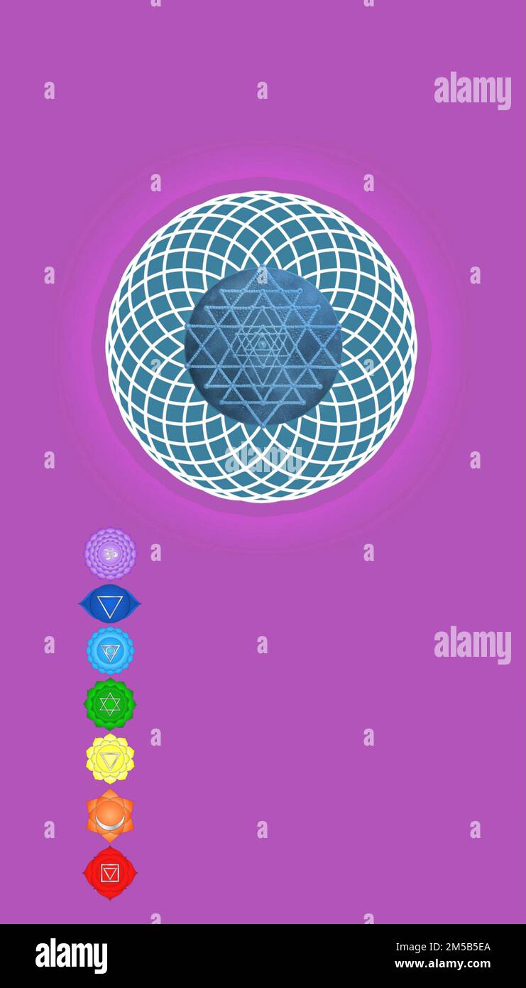 Chakra symbols and sacred geometry symbols isolated on color background with copy space for ...