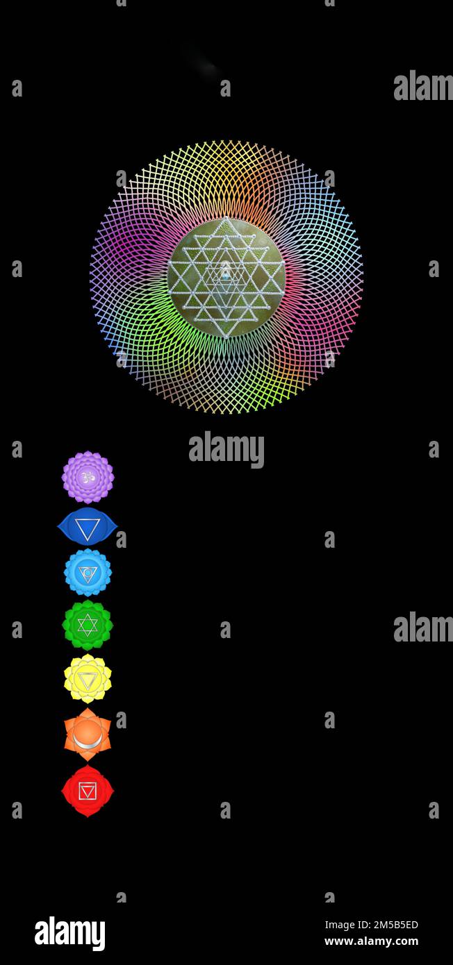 Chakra symbols and sacred geometry symbols isolated on color background with copy space for ...