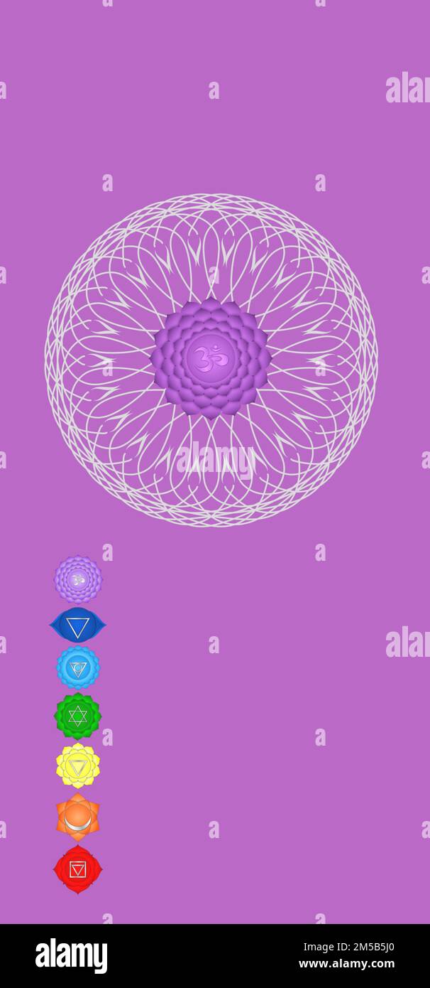 Chakra symbols and sacred geometry symbols isolated on color background with copy space for ...