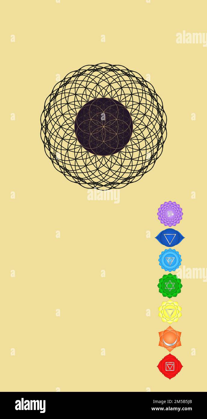 Chakra symbols and sacred geometry symbols isolated on color background with copy space for ...