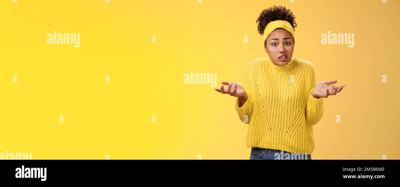 Confused awkward cute female employee messed-up papers lost paperwork ...