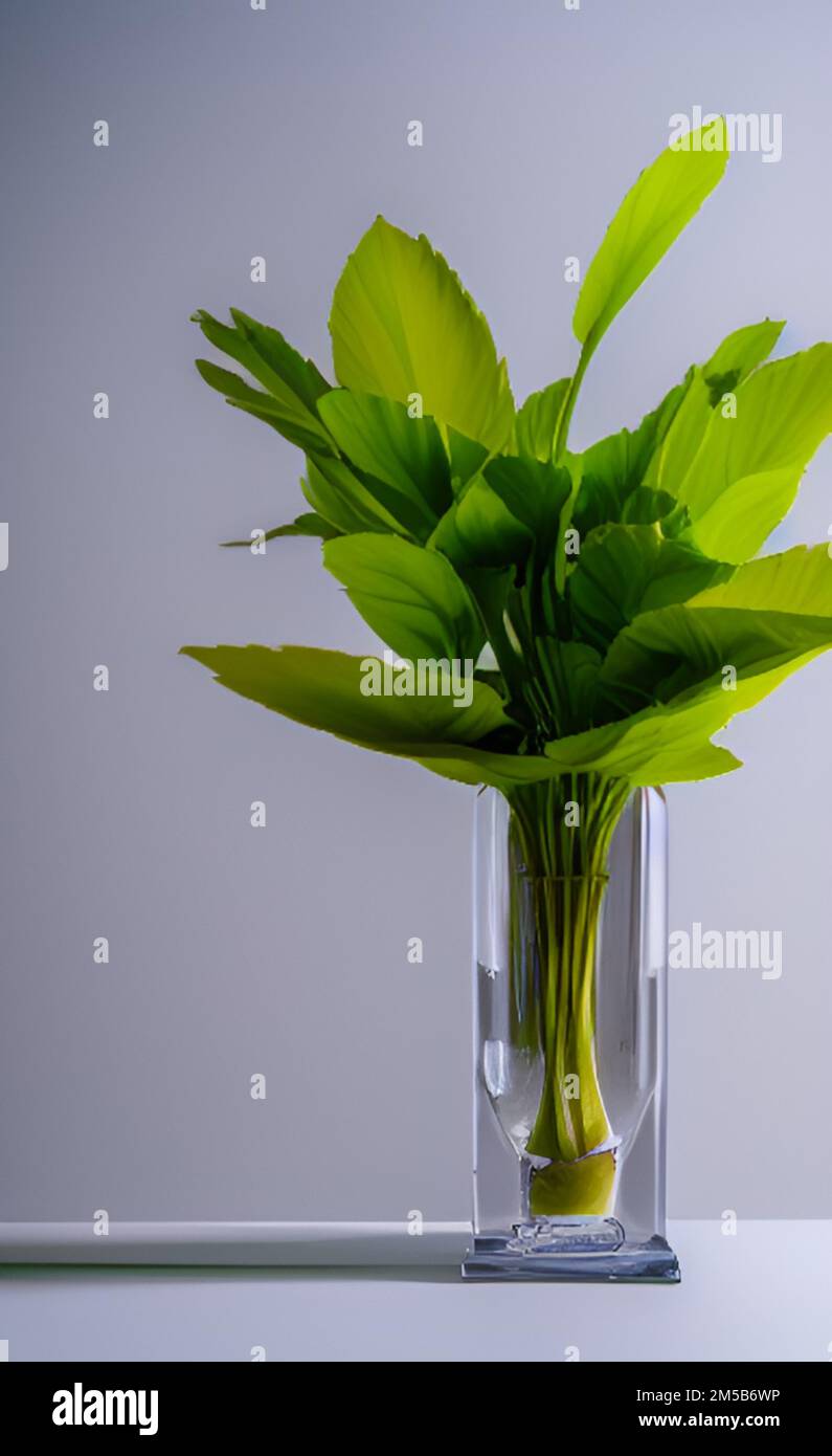 A fresh plant in a pot with bright green leaves placed on the table in ...