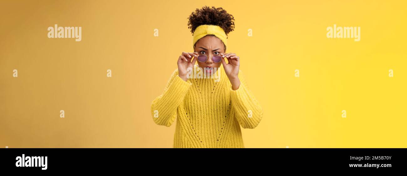 Shocked speechless impressed african-american stylish female coworker ...