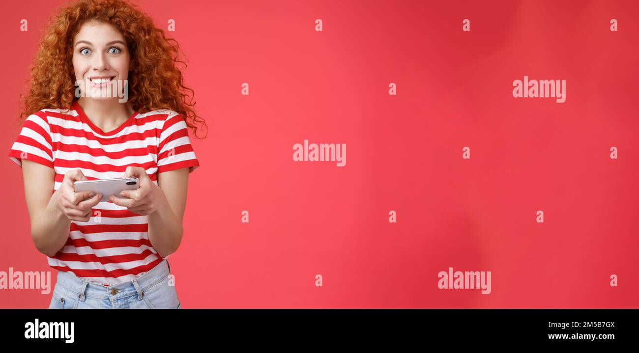 Excited happy cute redhead curly-haired girlfriend eager start learn ...