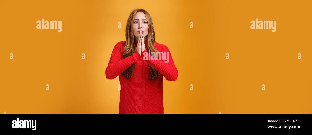 Supplication, apology and people feelings concept. Portrait of sad ...