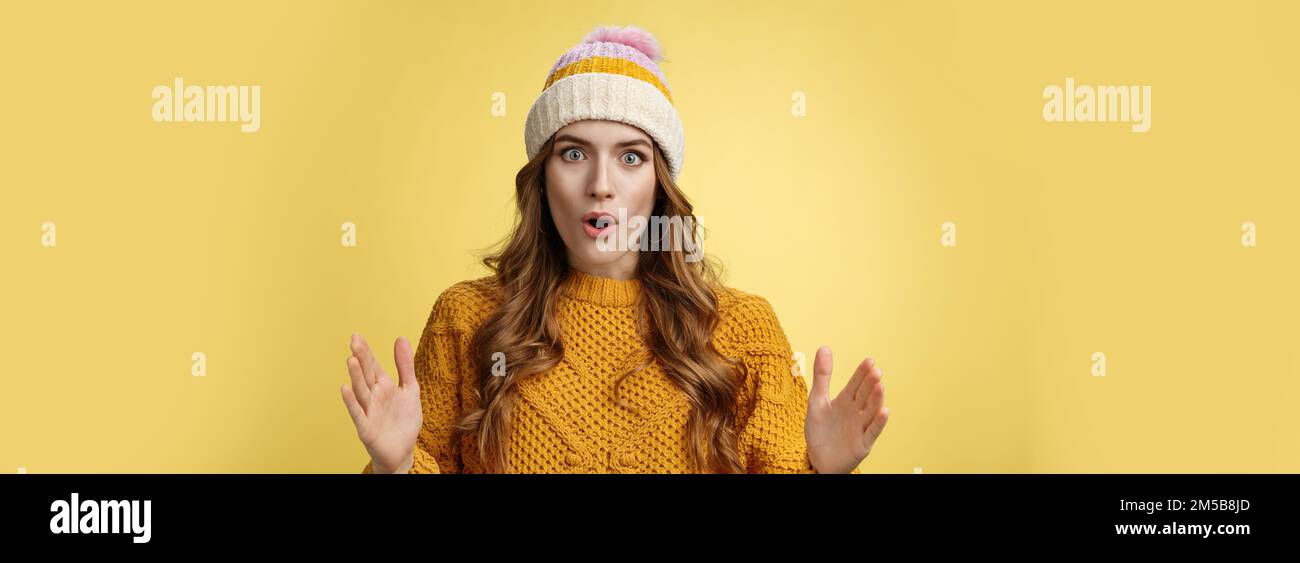 Impressed good-looking caucasian woman describing shaping large very ...