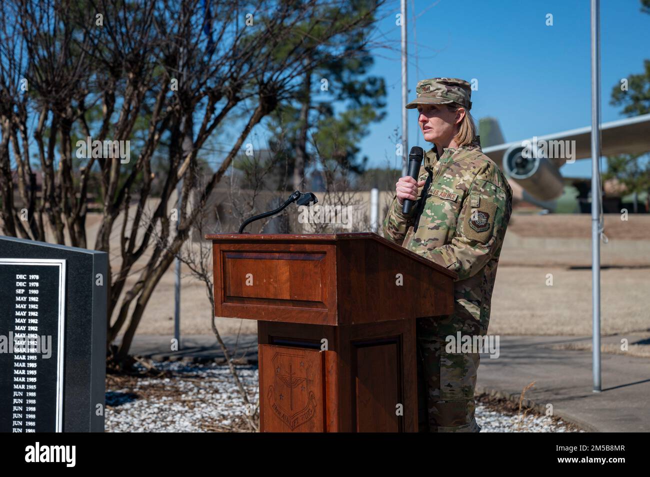 U.S. Air Force Col. Angela Ochoa, 19th Airlift Wing commander, gives ...