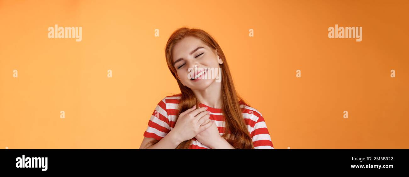 Close-up lovely caring tender redhead girlfriend feel love, close eyes ...