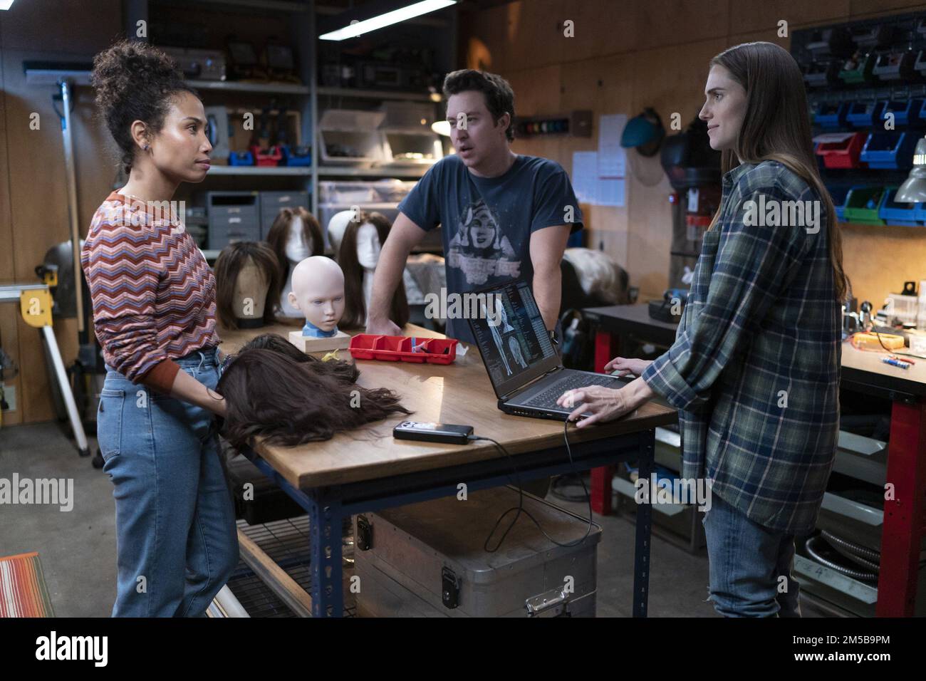 M3GAN, (aka MEGAN), from left: Jen Van Epps, Brian Jordan Alvarez, Allison Williams, 2023. ph ...