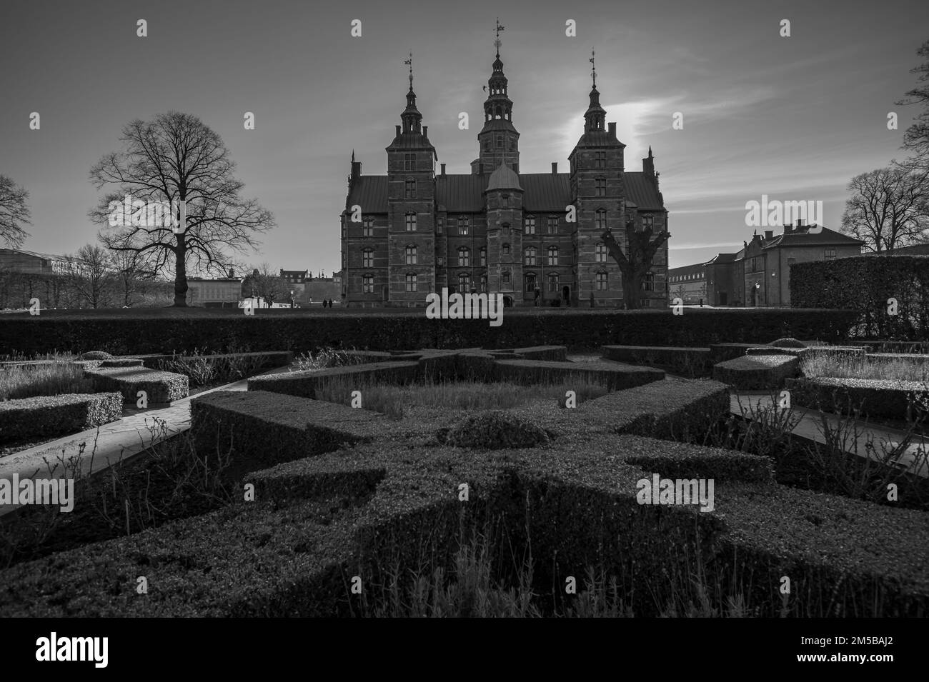 The famous Rosenborg Castle in Copenhagen, Denmark in grayscale Stock ...