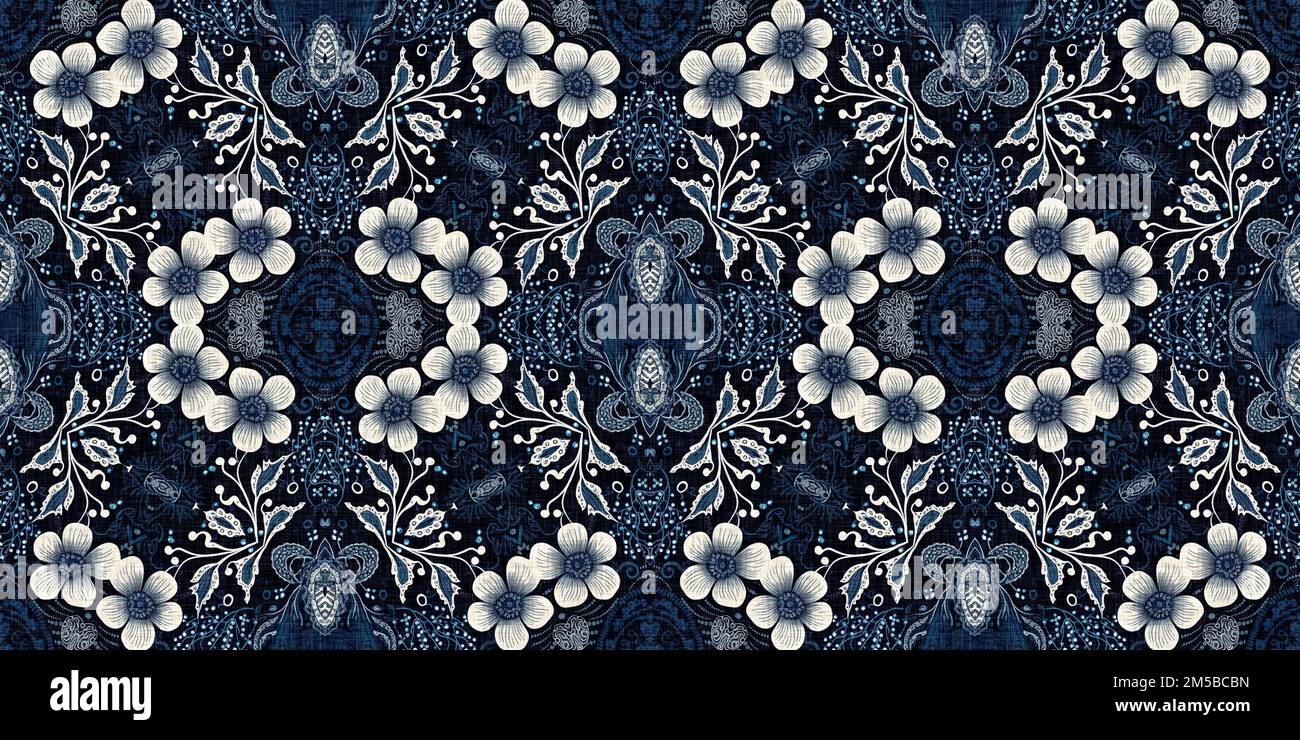 Retro indigo floral bandana 2 tone patterned fabric border background ...