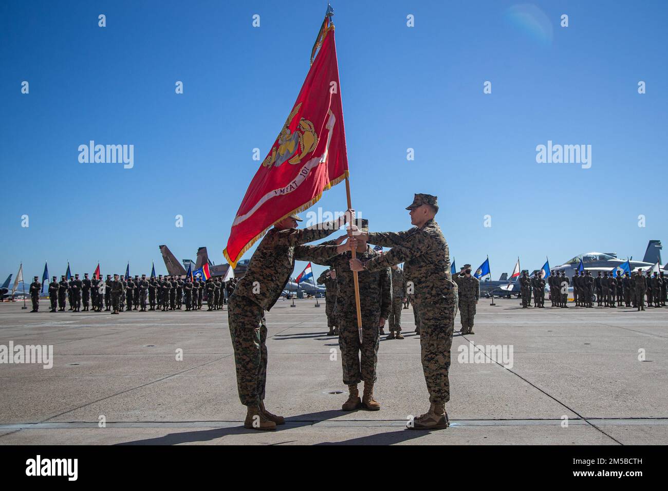 U.S. Marine Corps Col. Nathan M. Miller, right, outgoing commanding officer of Marine Fighter ...