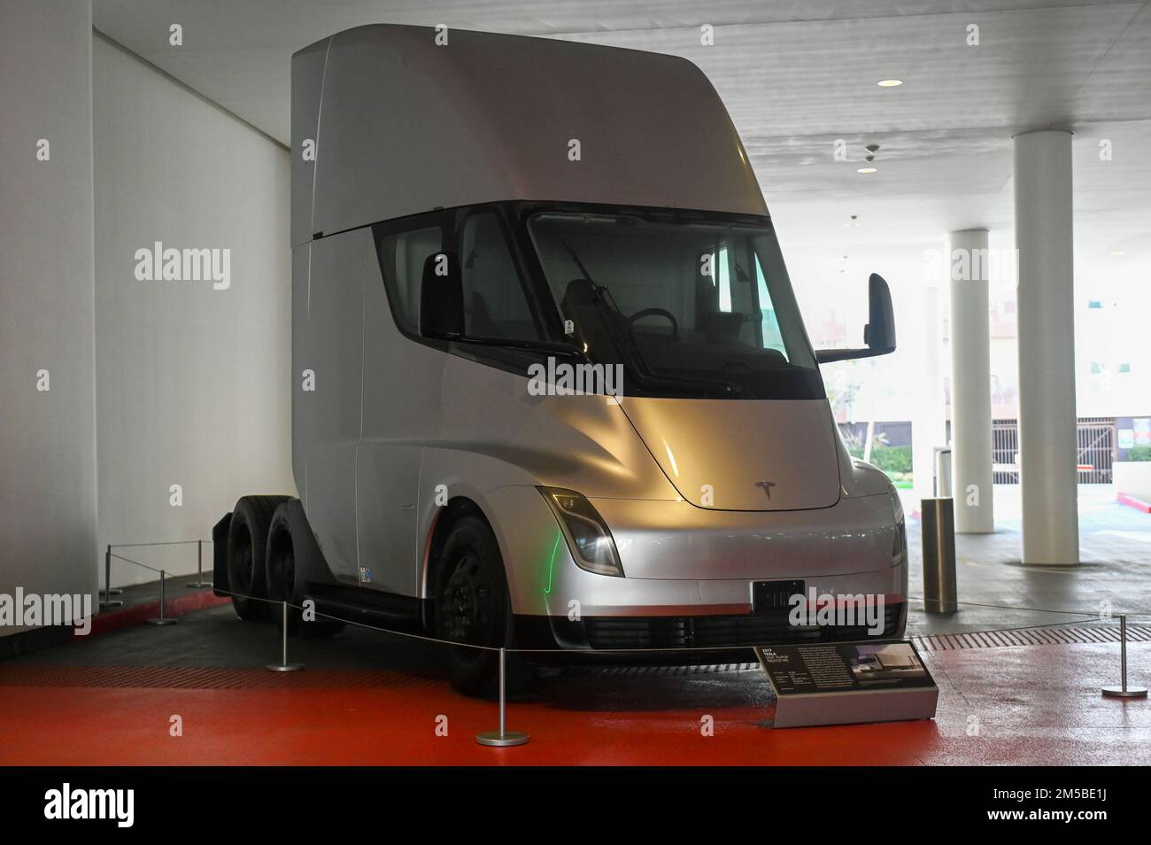 A Tesla Semi sits on display at the Petersen Automotive Museum “Inside ...