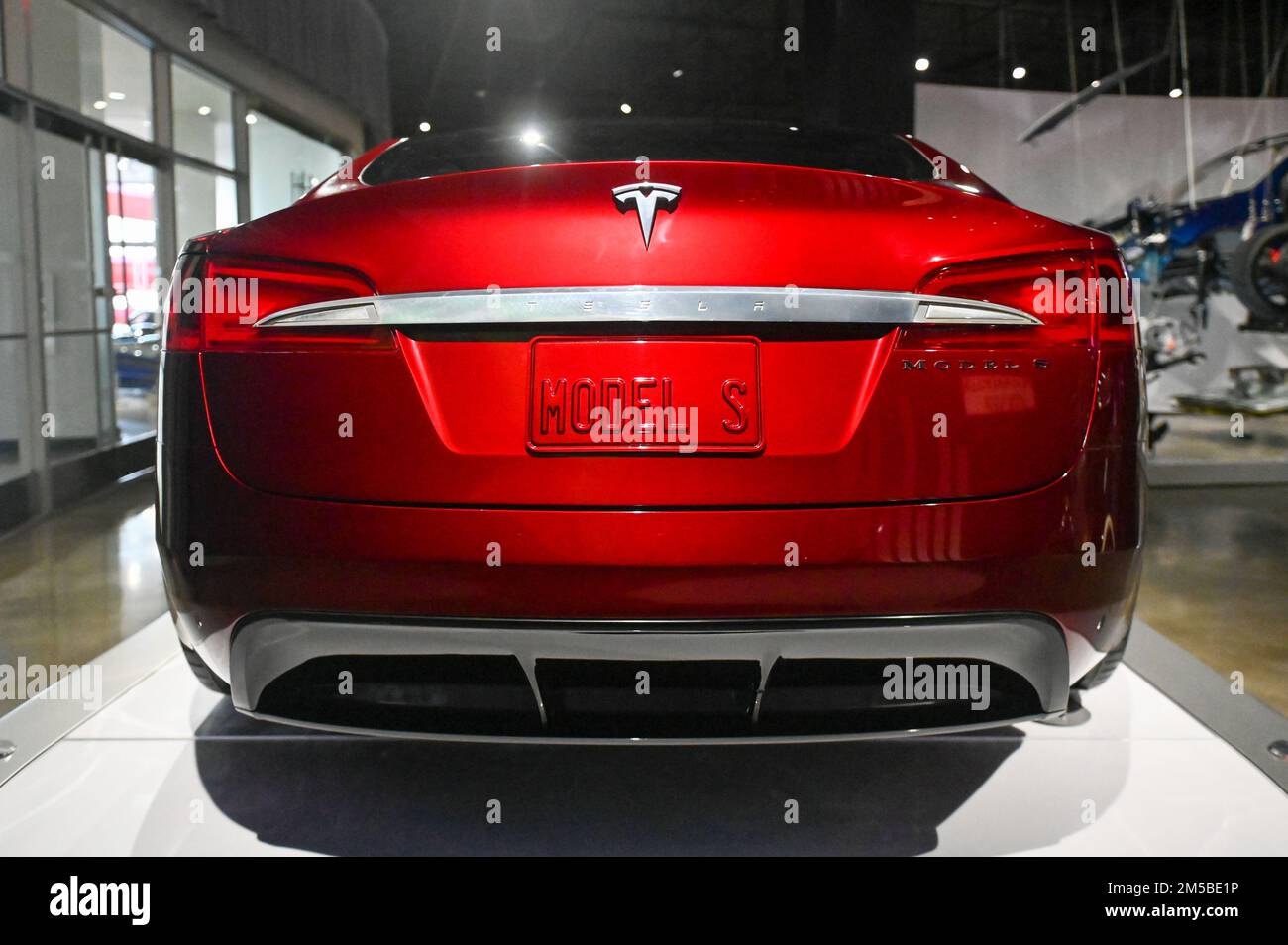 A Tesla Model S Prototype from 2009 sits on display at the Petersen ...