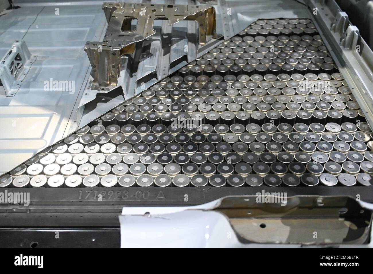 Detailed view of the Tesla 4680 battery pack for the Tesla Model Y on ...