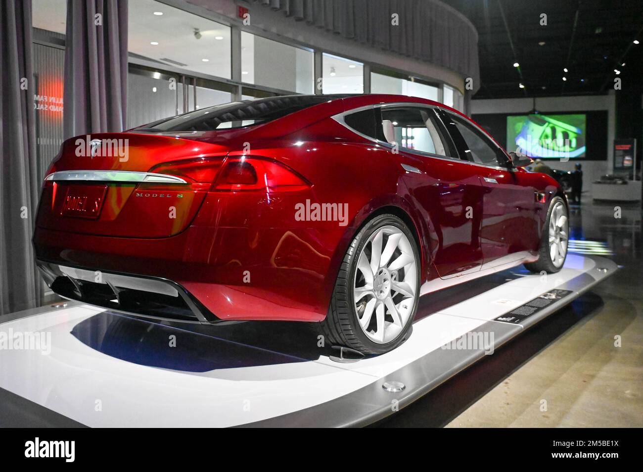 A Tesla Model S Prototype from 2009 sits on display at the Petersen ...