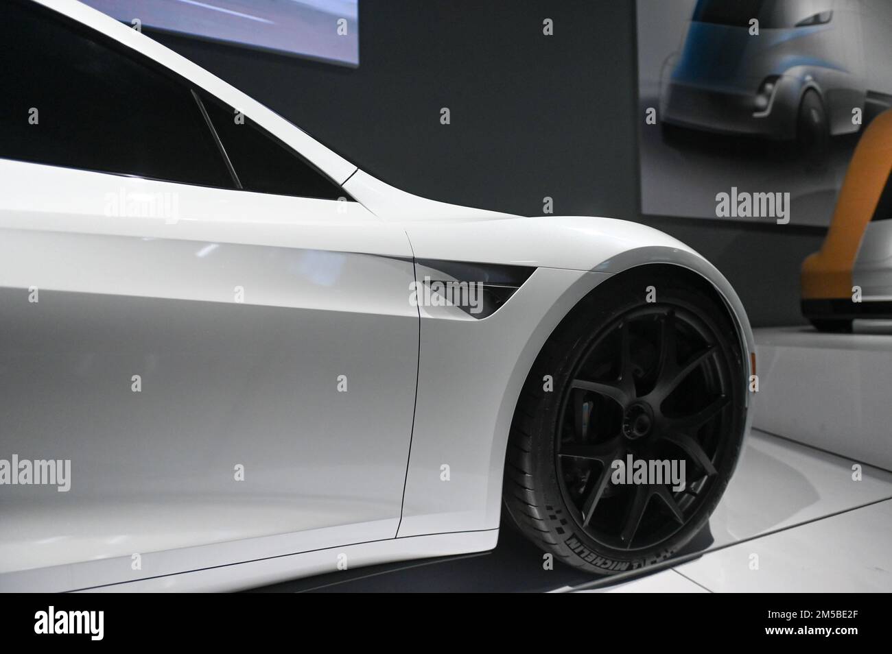 A New-Generation Tesla Roadster sits on display at the Petersen ...