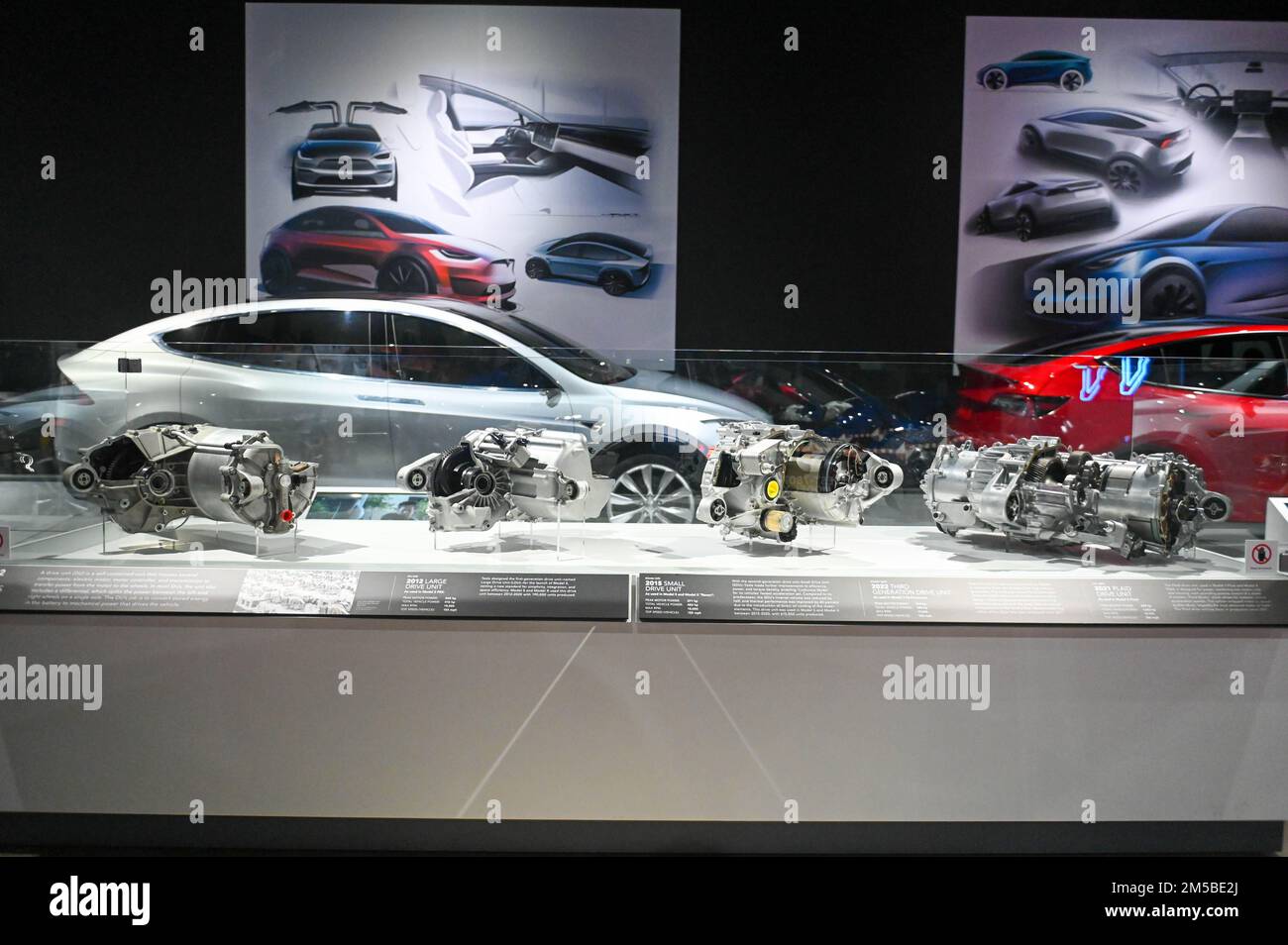 Four Tesla Drive Units sit on display at the Petersen Automotive Museum ...