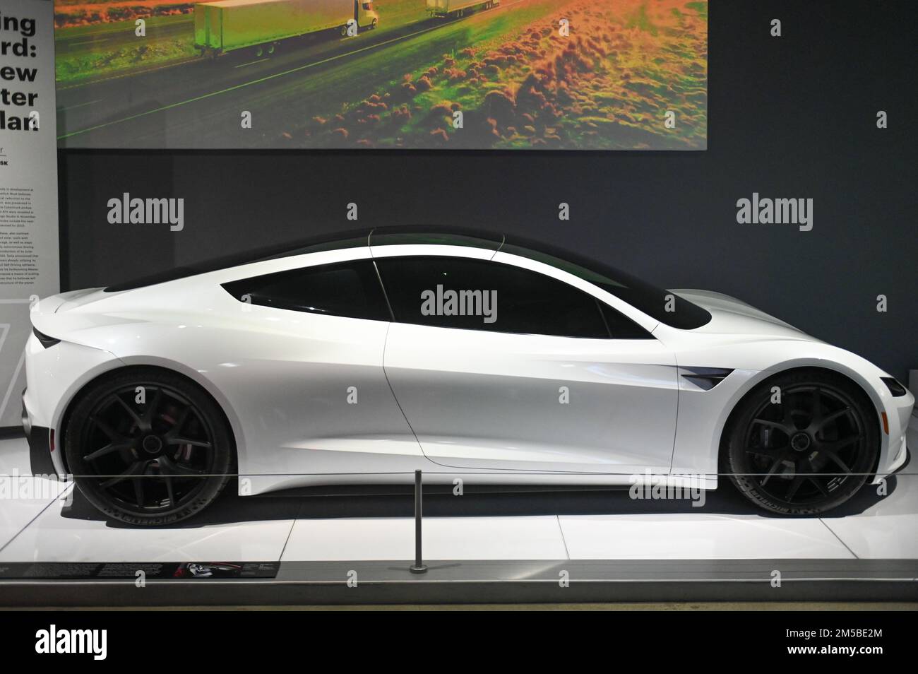 A New-Generation Tesla Roadster sits on display at the Petersen ...