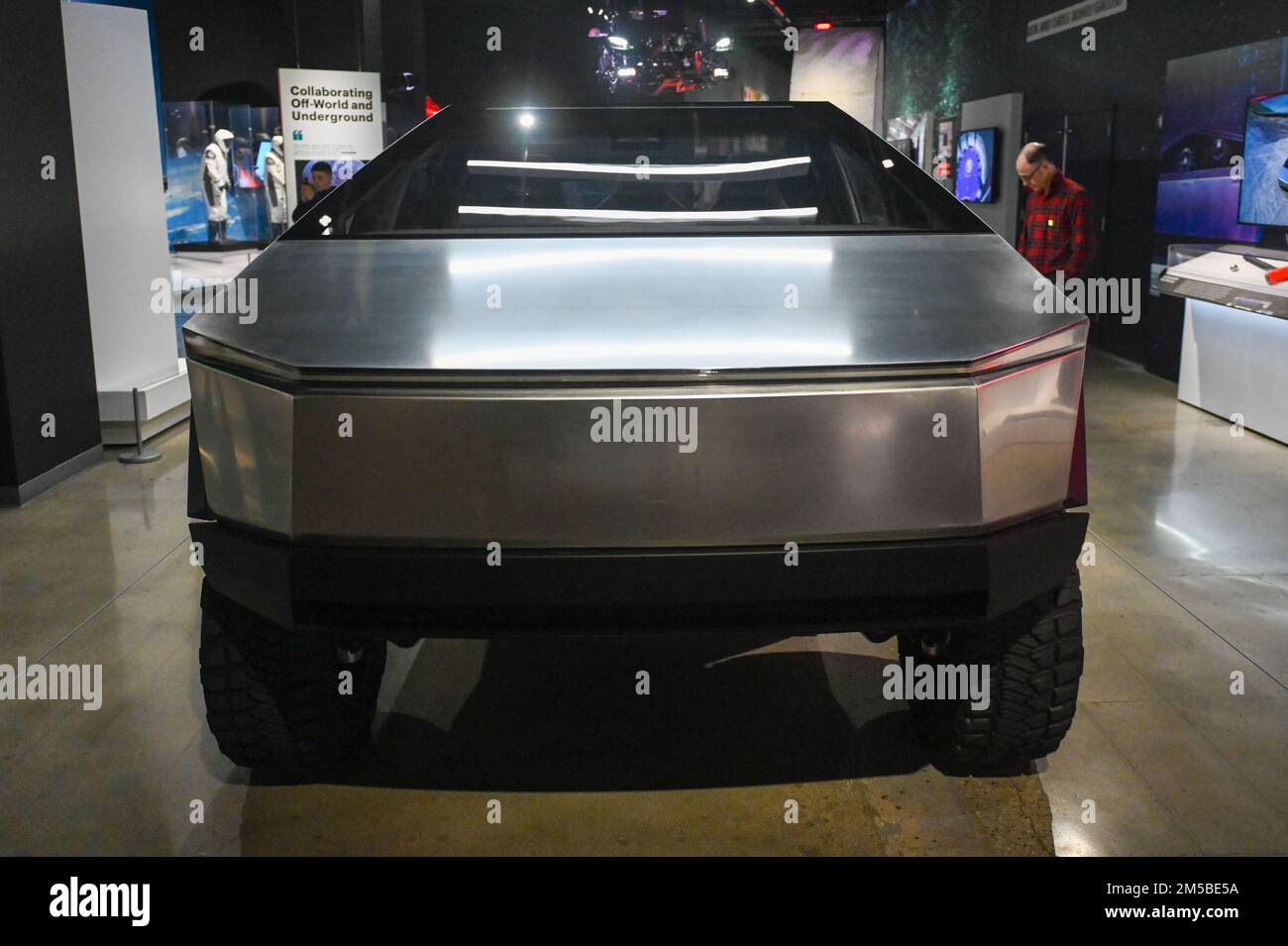 A Tesla Cybertruck sits on display at the Petersen Automotive Museum ...