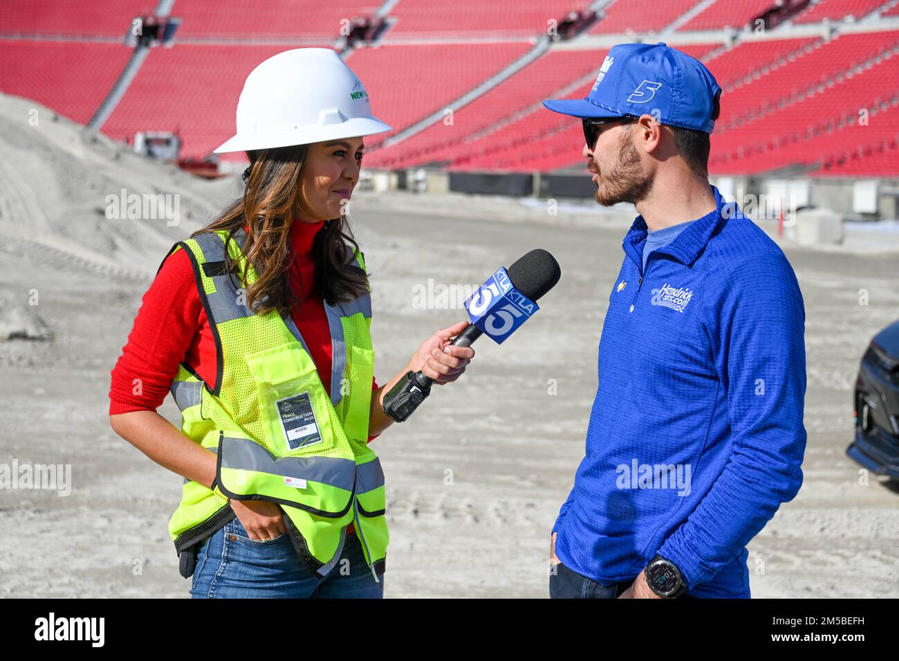 KTLA 5 Morning News reporter Erin Myers (left) interviews NASCAR driver ...