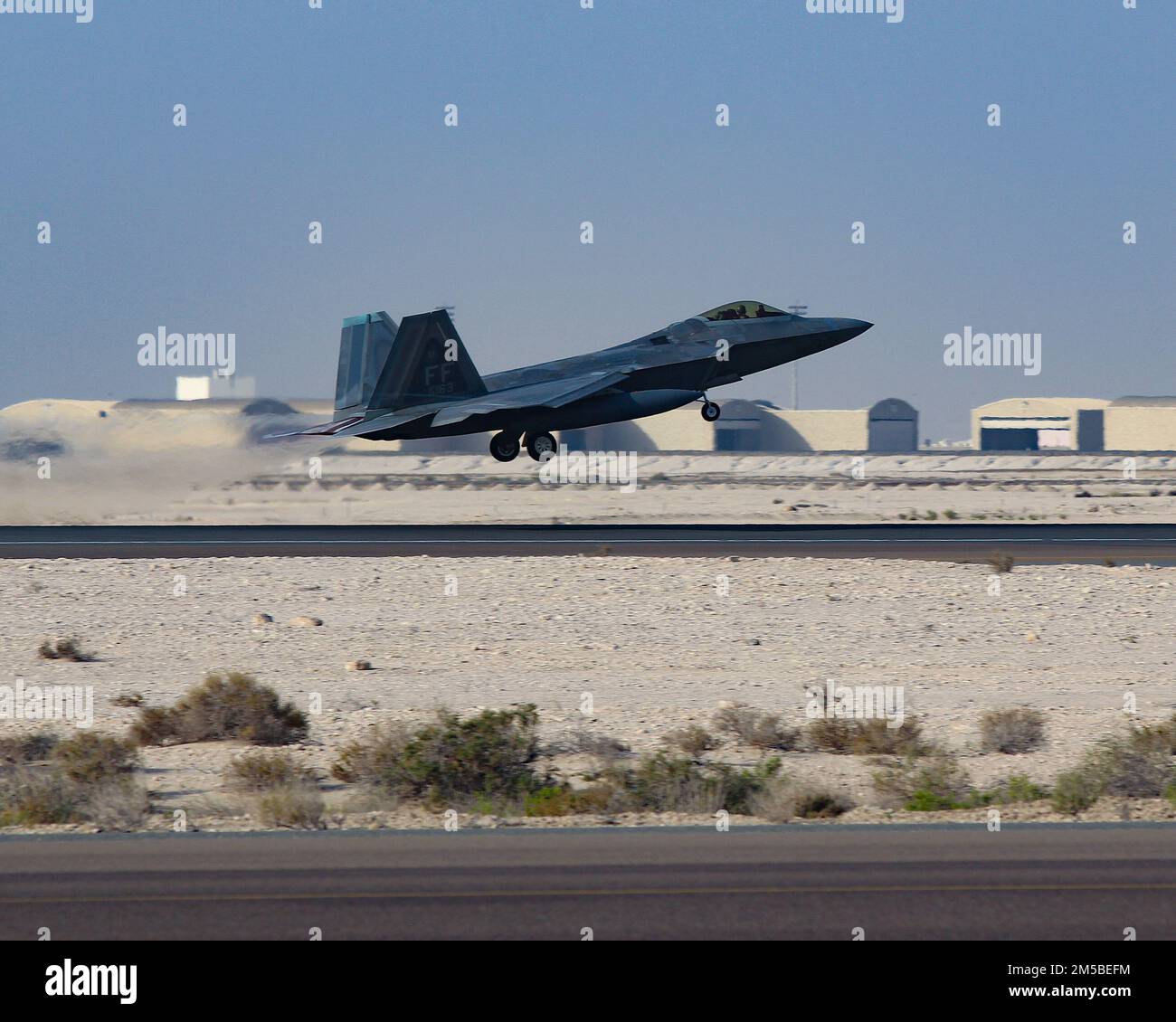An F-22 Raptor takes off from Al Dhafra Air Base, United Arab Emirates ...