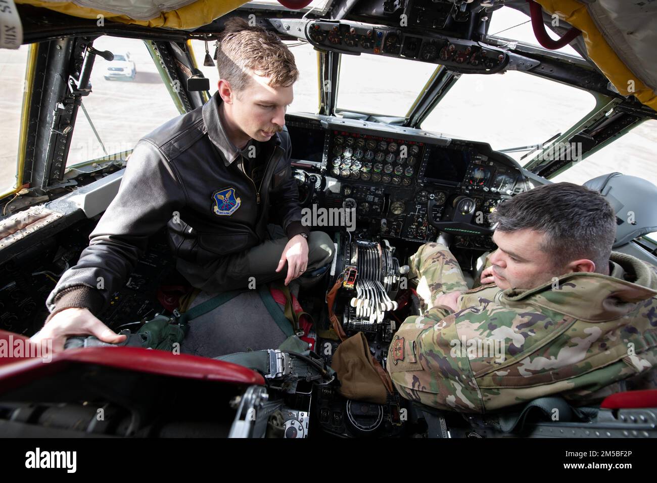 A U.S. Air Force B-52H Stratofortress pilot, left, assigned to the 69th ...