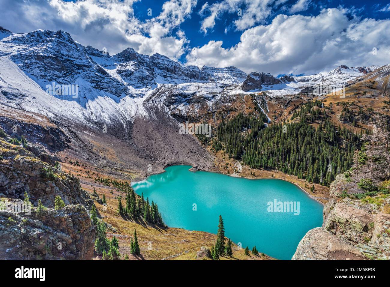 An epic view from a ledge high above Lower Blue Lake in the Mount ...
